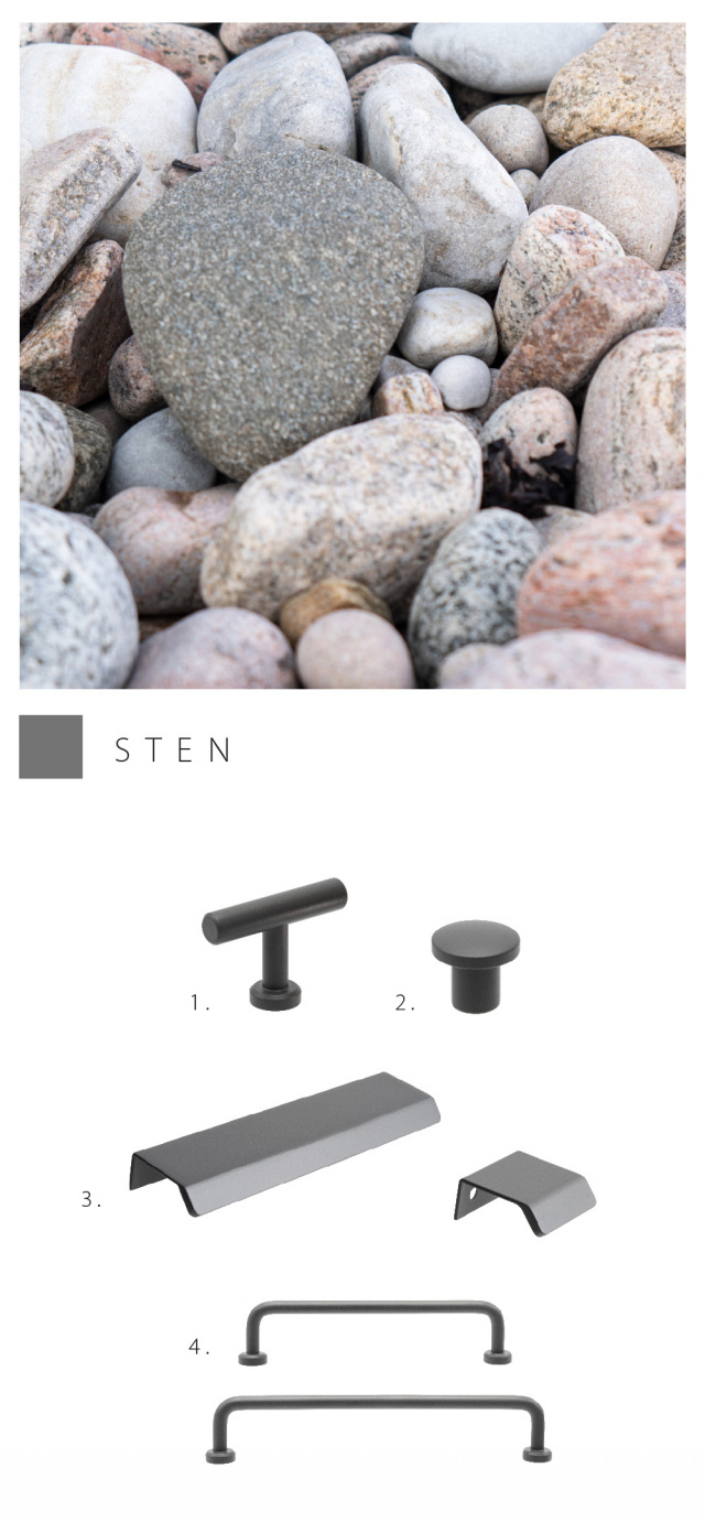 1. Knopp T Viva / 2. Knopp Skye / 3. Profilhandtag Side / 4. Handtag Viva