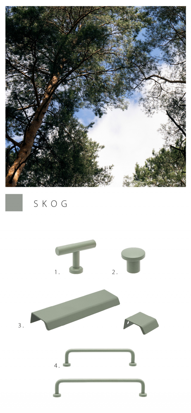 1. Knopp T Viva / 2. Knopp Skye / 3. Profilhandtag Side / 4. Handtag Viva